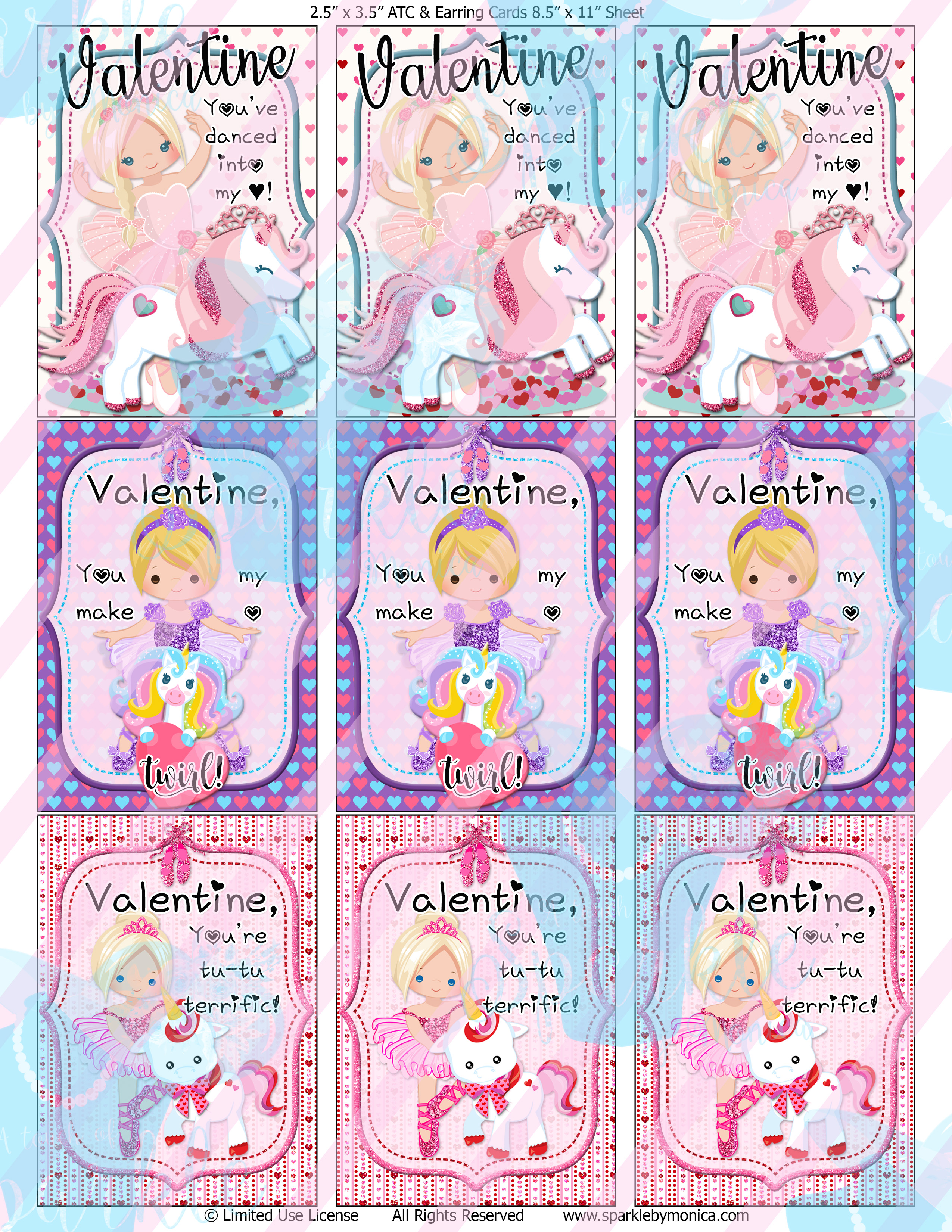 Blonde Ballerina Unicorn Valentine Cards, Digital ATC Cards: Instant ...